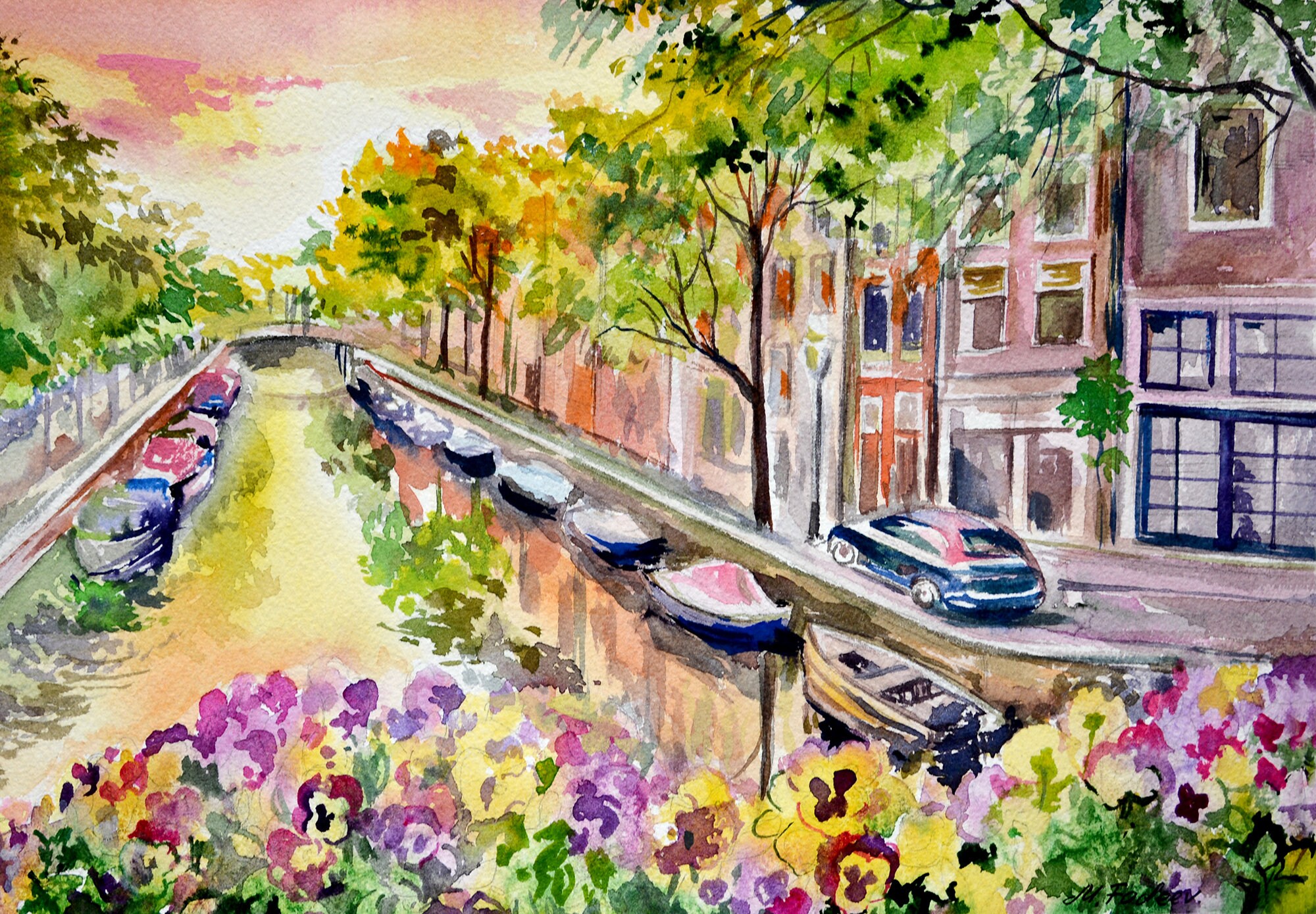 Art & Collectibles Painting Watercolor Amsterdam Painting Cityscape ...