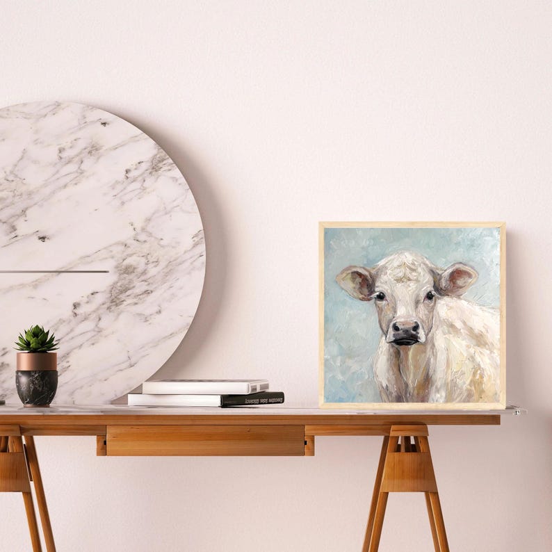 White Cow Portrait, Original Impasto Oil Painting, Farmhouse Animal ...