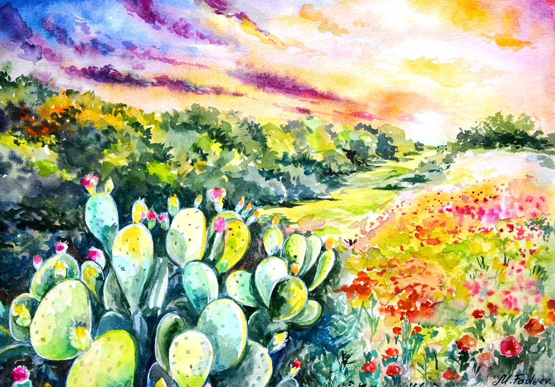 Texas Painting Original Watercolour Artwork Cactus Artwork Texas ...