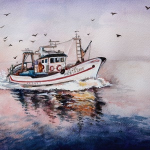Fishing Boat Art, Seascape Watercolor Painting, Sea Artwork, Wall Art ...