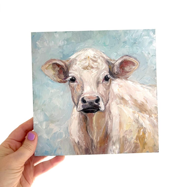 White Cow Portrait, Original Impasto Oil Painting, Farmhouse Animal ...