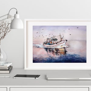 Fishing Boat Art, Seascape Watercolor Painting, Sea Artwork, Wall Art ...