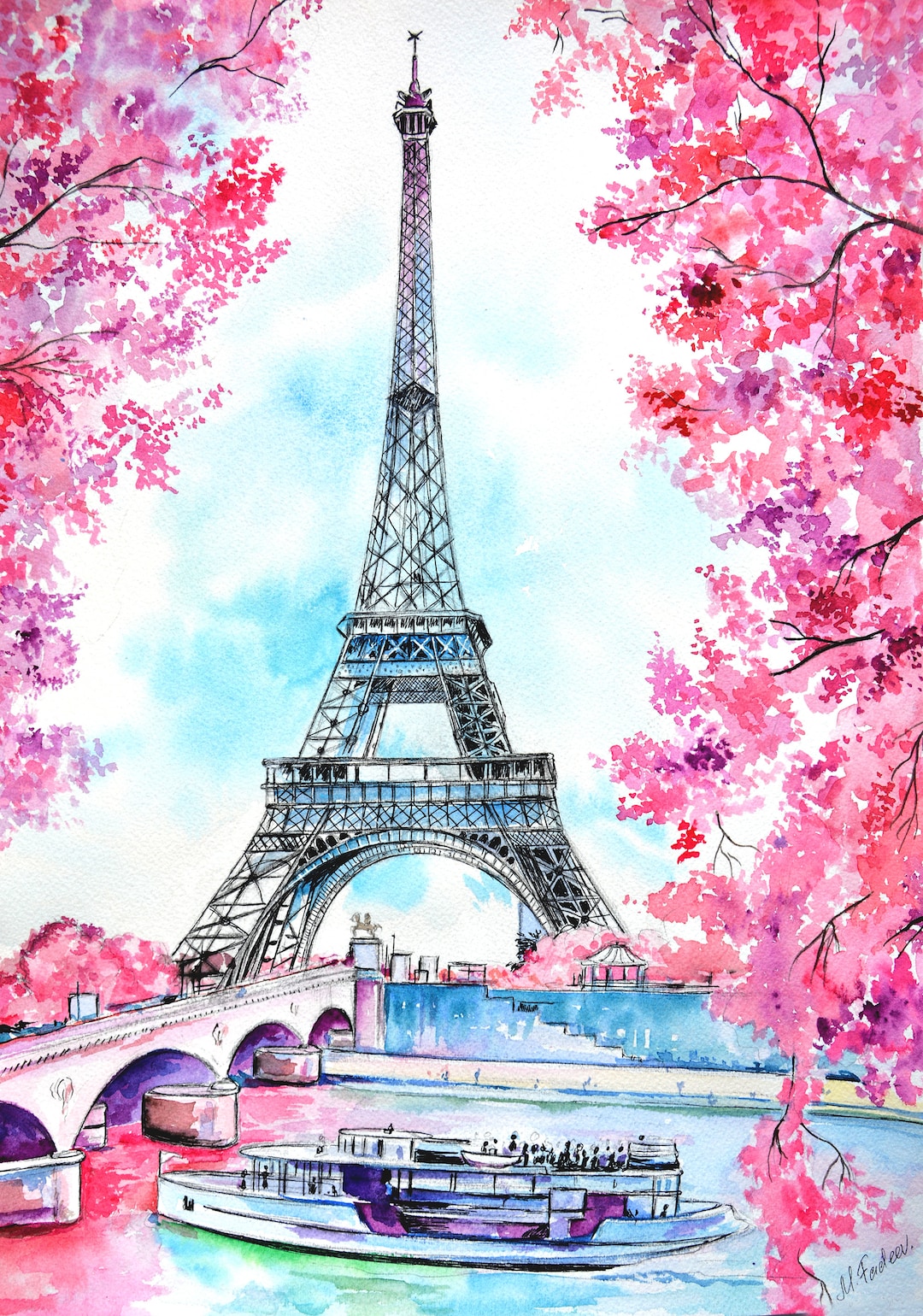 Paris Eiffel Tower Print of Original Watercolour Painting Cherry ...