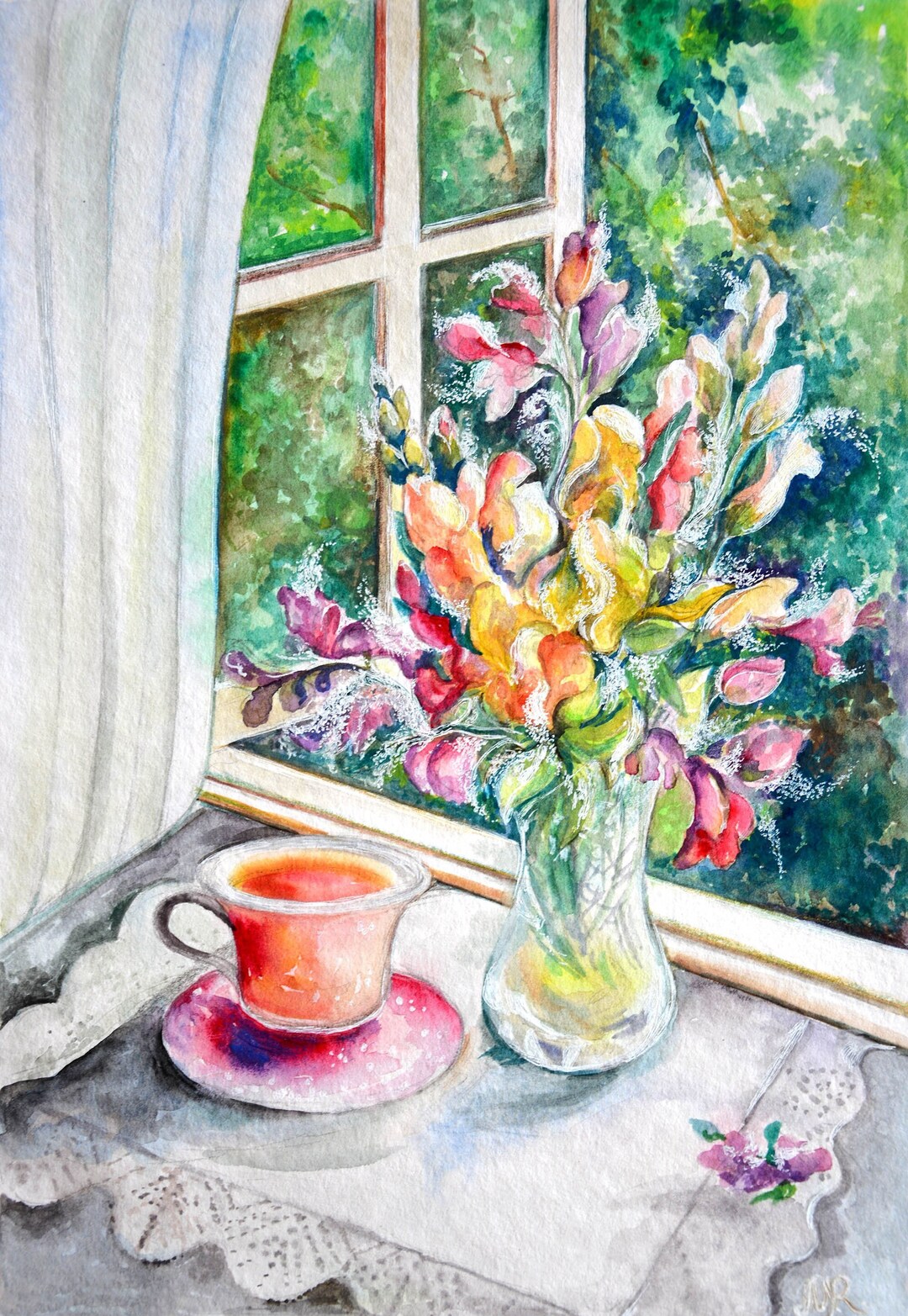 Original Watercolour Still Life Flowers Painting in Vase With Tea Cup ...