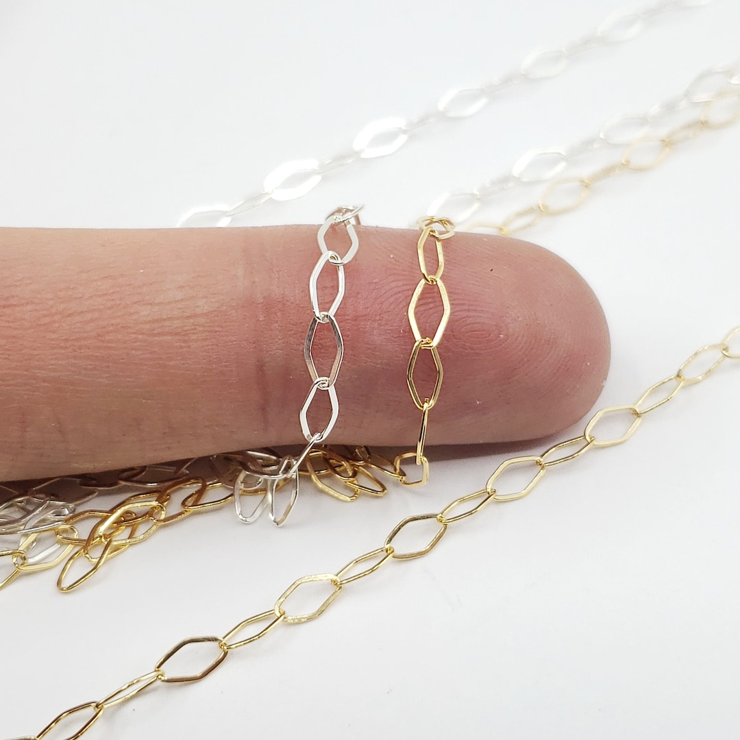 2.7mm X 5mm Flat Diamond Shape Link Chain, Sterling Silver, 14k Gold ...