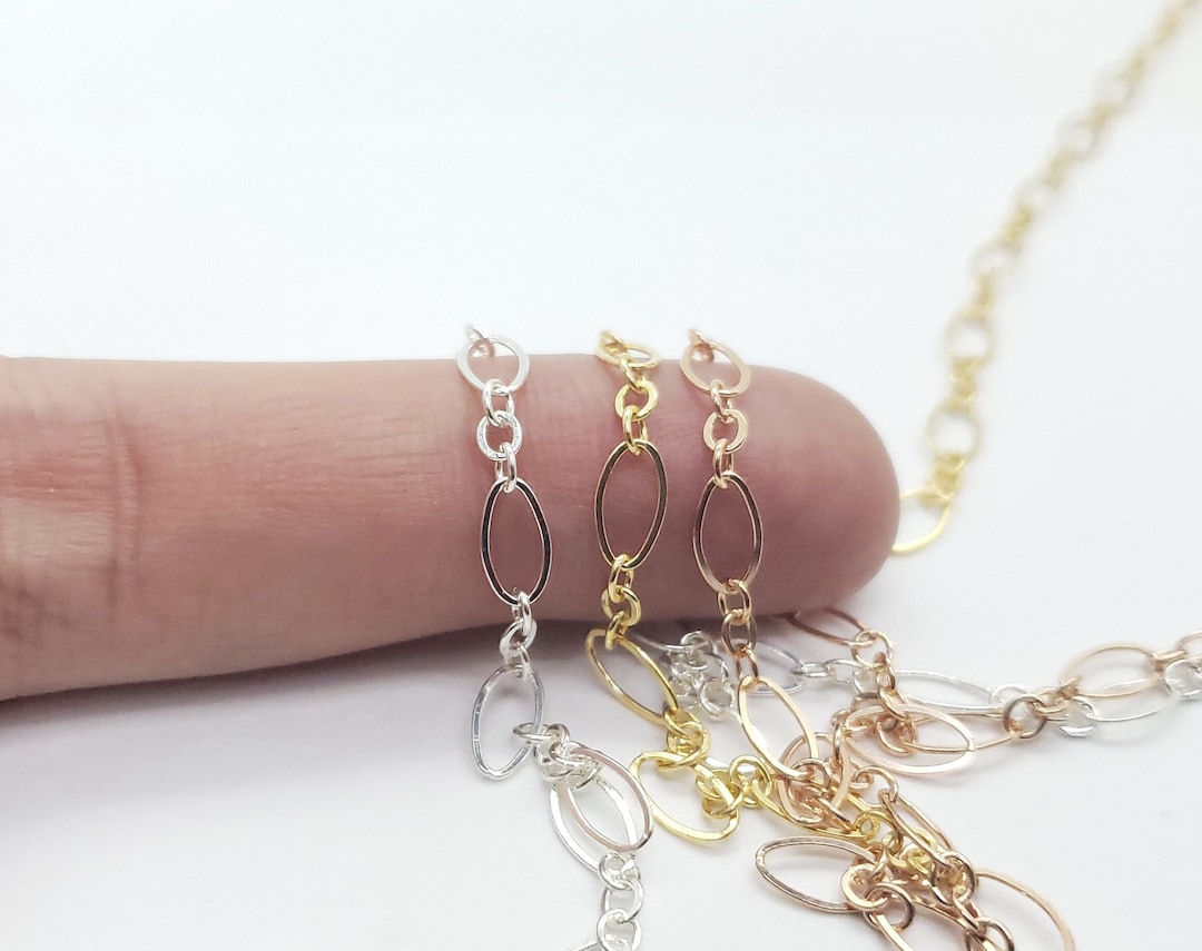 Long and Short Flat Oval Chain, 4.1mm X 7mm, Sterling Silver, 14k Gold ...