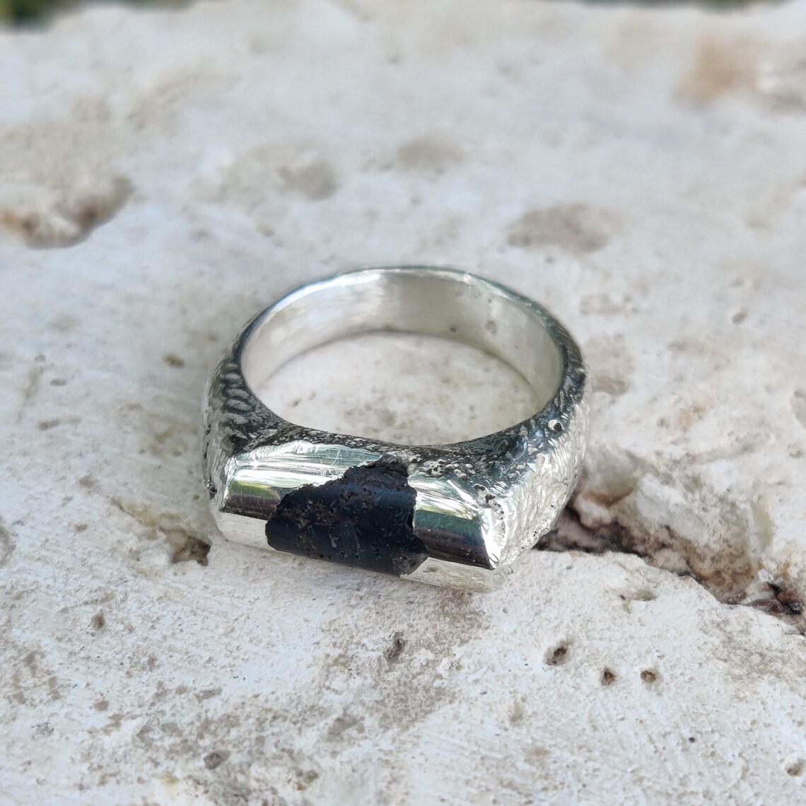 Rough Ring With Natural Lava Stone From Israel, Sterling Silver ...