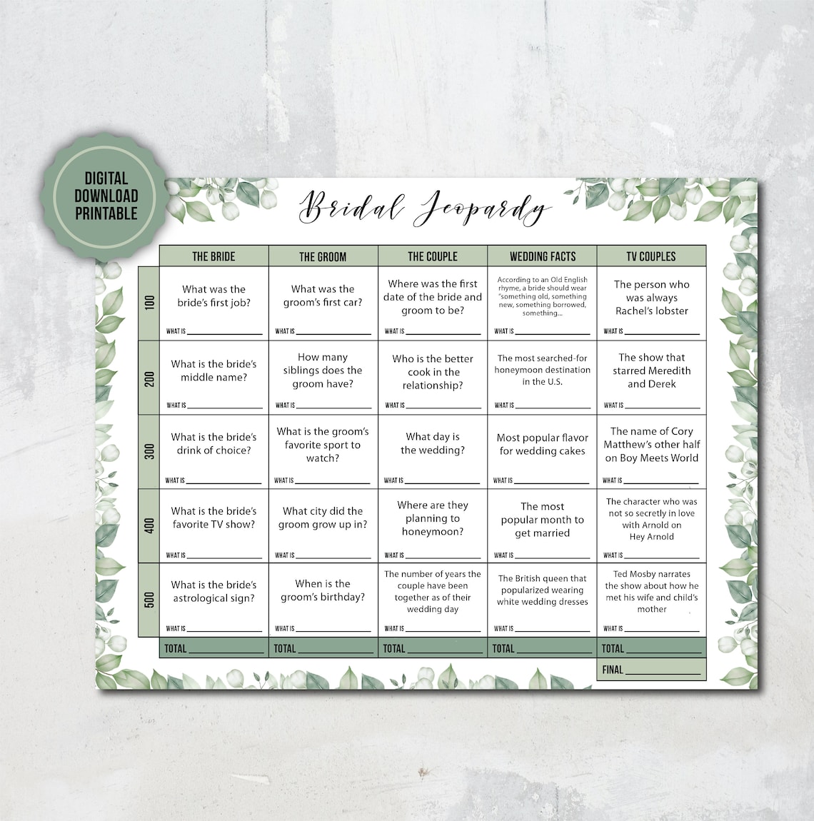 Bridal Jeopardy Game Printable Template | Digital Print | Bridal ...