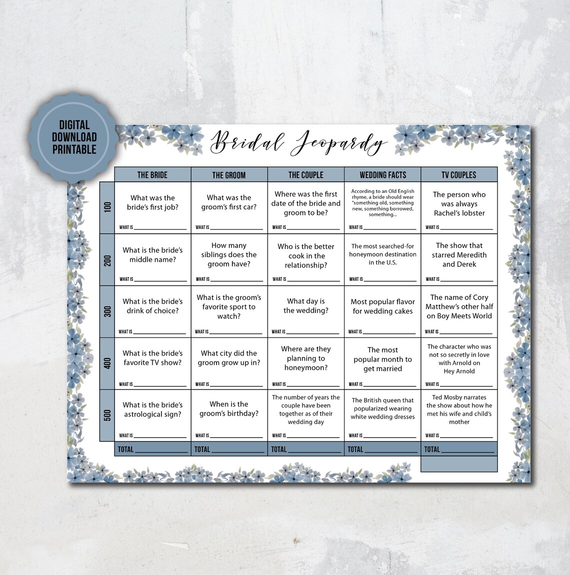 Blue Bridal Jeopardy Game Printable Template | Digital Print | Bridal ...