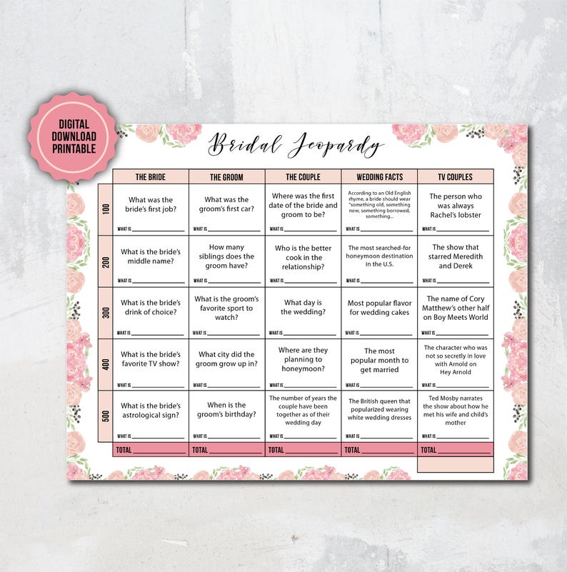 Pink Bridal Jeopardy Game Printable Template | Digital Print | Bridal ...
