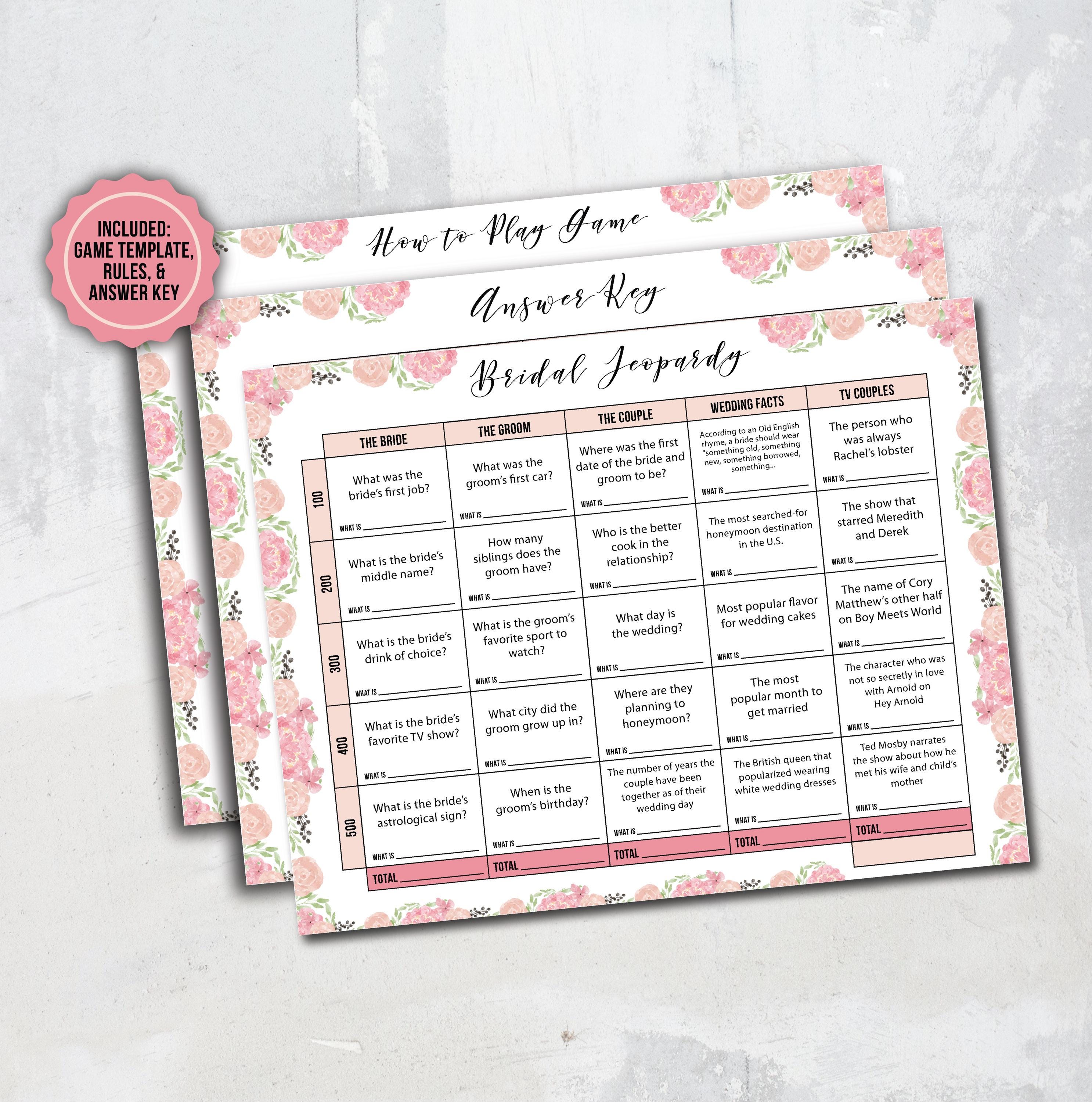 Pink Bridal Jeopardy Game Printable Template | Digital Print | Bridal ...