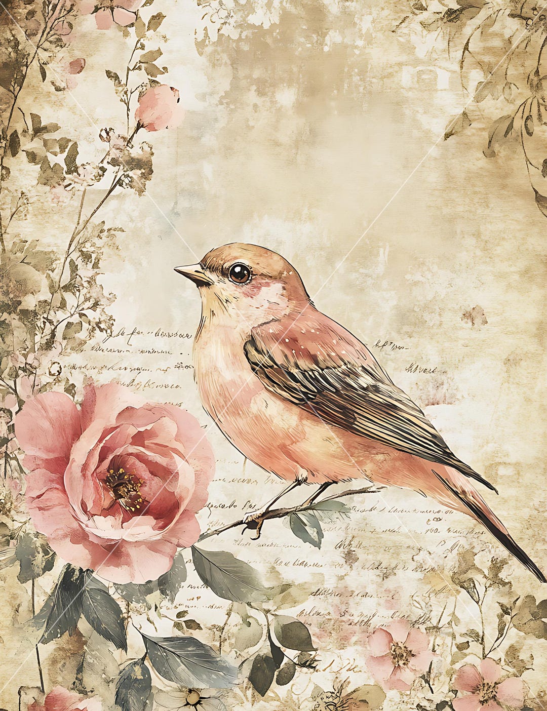 10 Bird and Flowers Printable Images, Junk Journal Pages, Digital Paper ...