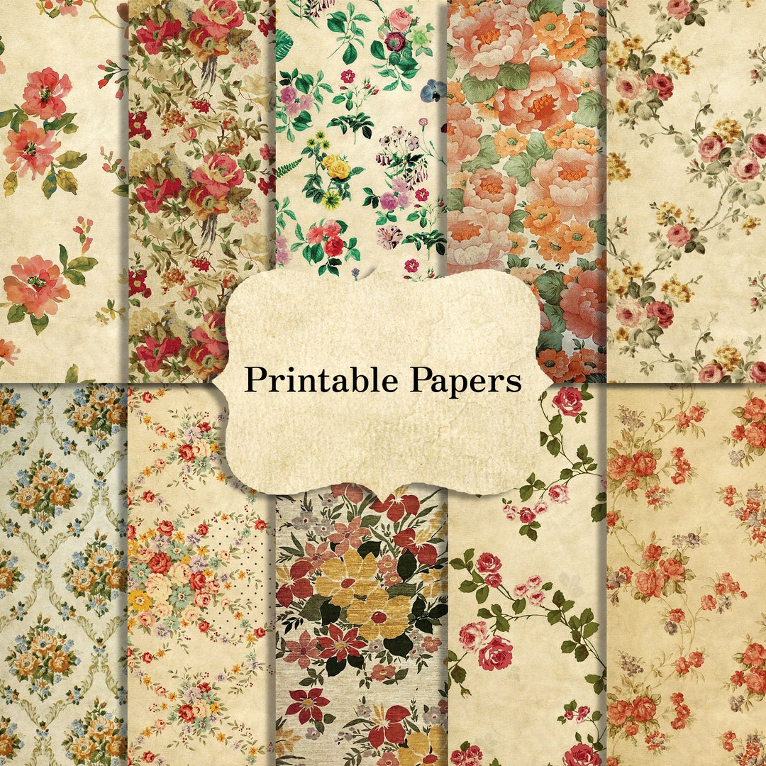 10 Printable Floral Papers Set 7, Vintage Junk Journal Pages ...