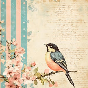 10 Bird and Flowers Printable Images, Junk Journal Pages, Digital Paper ...