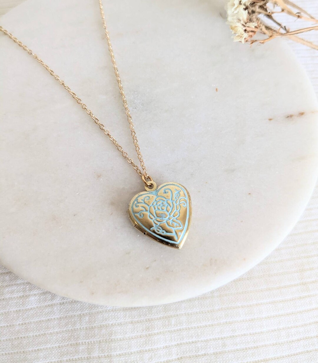Victorian Aqua Blue Patina Heart Locket, Etched Floral Locket, Vintage ...
