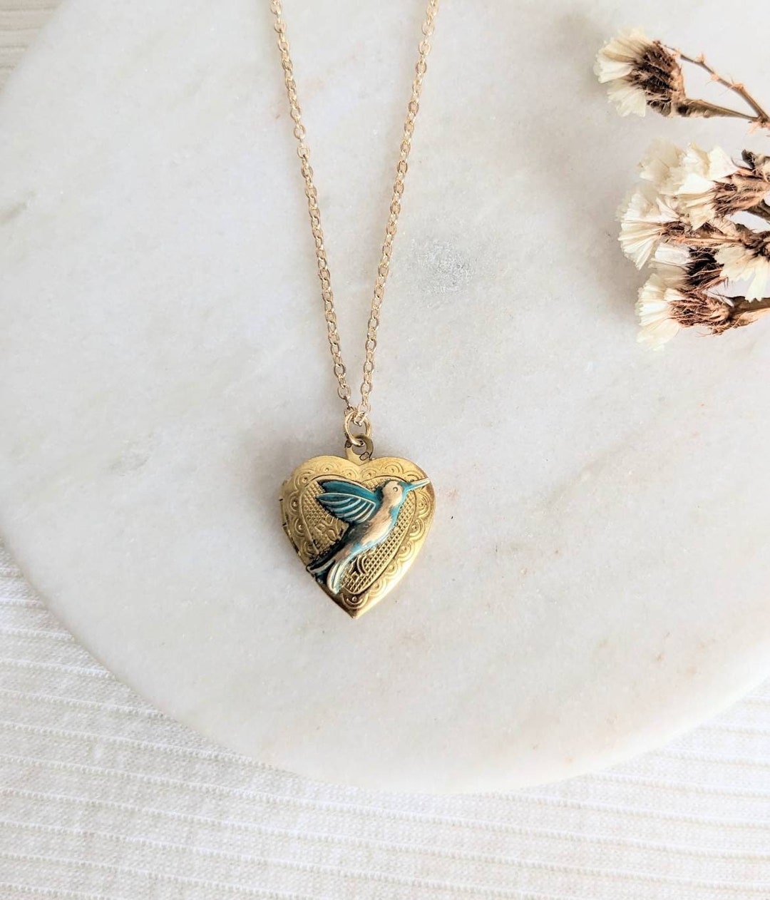 Gold Hummingbird Heart Locket, Vintage Inspired Etched Locket ...