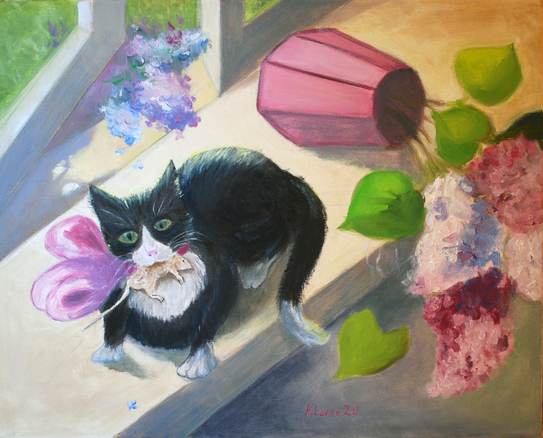 Leeloo, 2020. Оil Painting, Black Cat, Mouse, Cat Brought Mouse ...