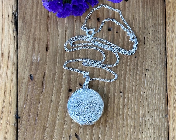 Vintage Sterling Silver Round Locket Necklace With Floral Etching on ...
