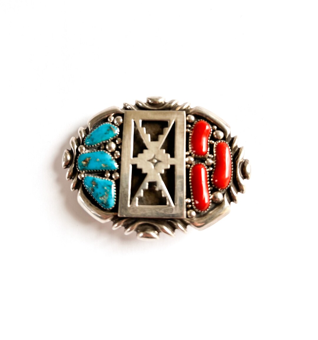Sterling Silver Turquoise Red Coral Navajo Belt Buckle by Wilson Begay ...