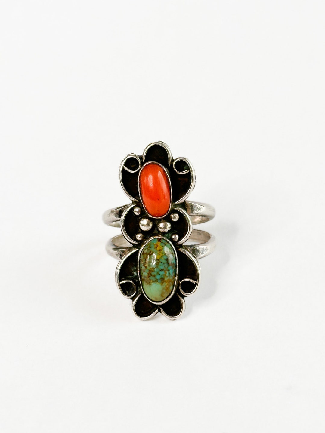 Silver Oval Turquoise and Red Coral Split Shank Shadowbox Ring - Etsy