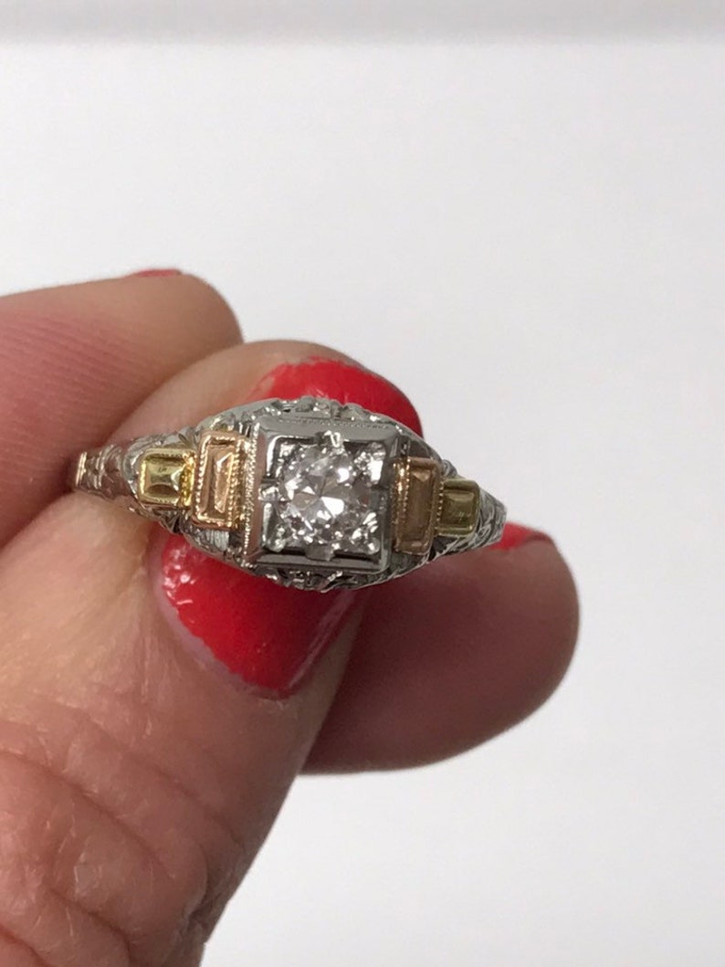18k Tri Color Gold Edwardian Filigree Diamond Engagement Ring | Etsy