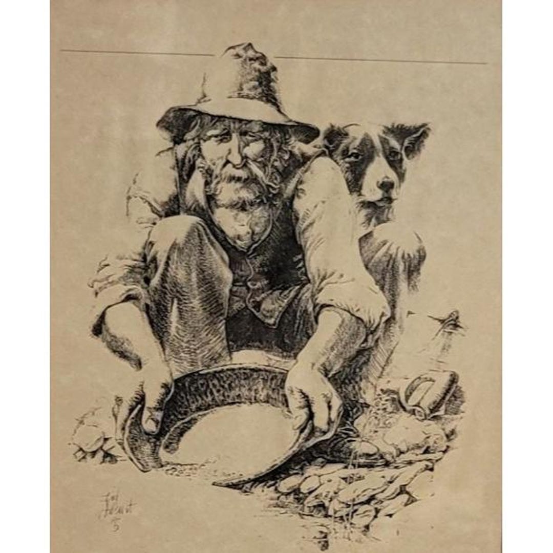 Gold Prospecting Miner Panning Artwork Print Signed 1985 Pencil Drawing ...