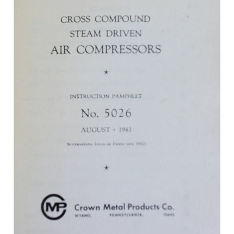 1943 Instruction Pamphlet Booklet Cross Compound Steam Driven Air ...