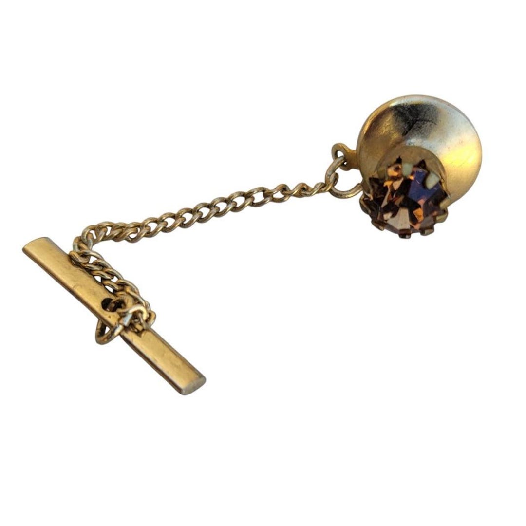 Vintage Mid Century Modern Gold Tone Button Tie Tack W/chain Amber ...