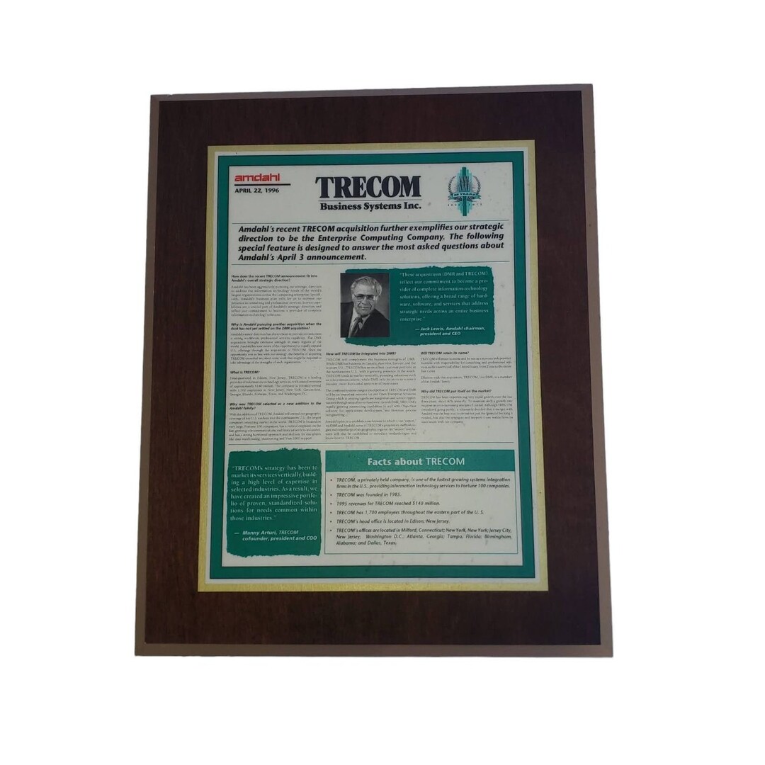 Vintage Computer TRECOM AMDAHL Chip Business Systems Plaque Award ...