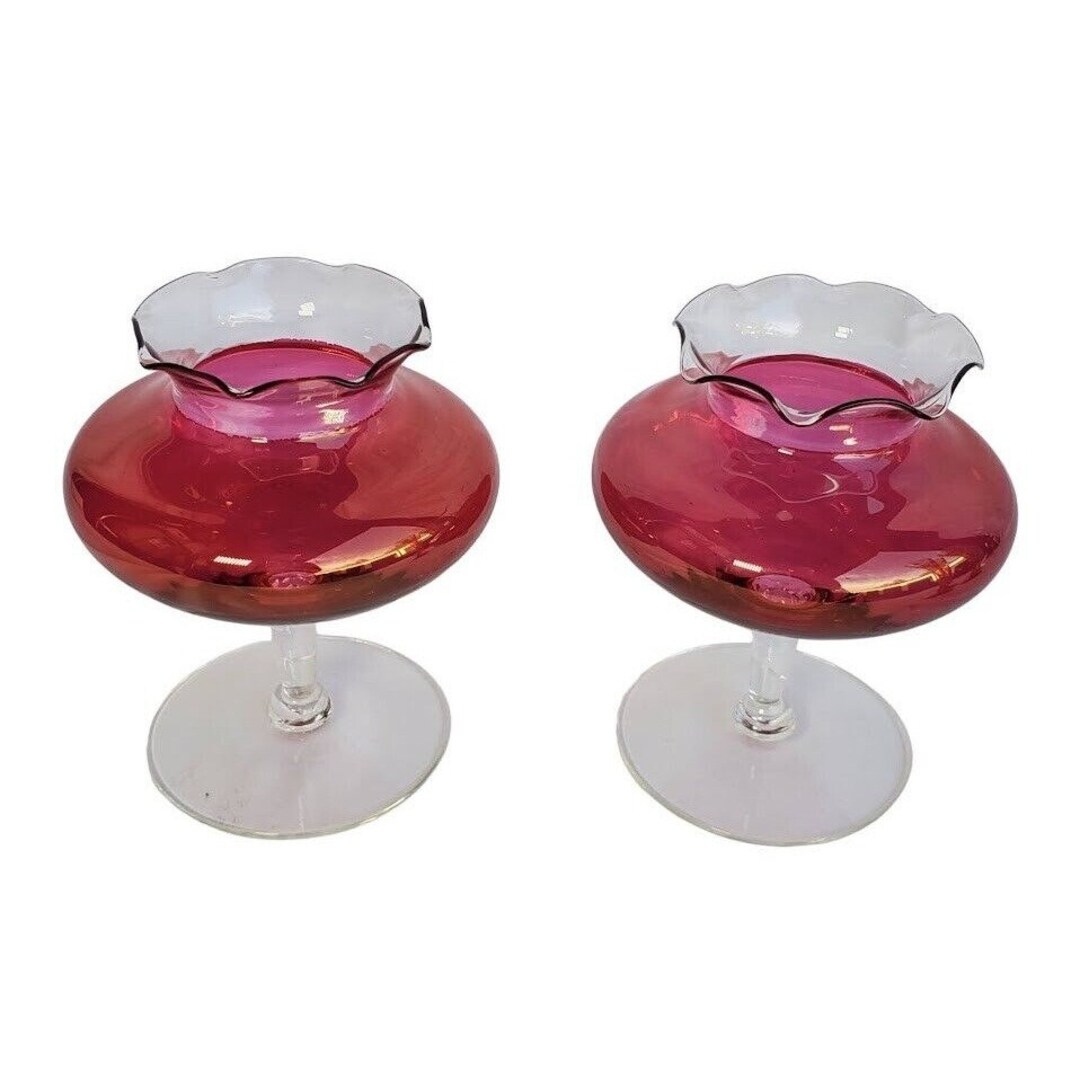 Pair Mid Century Modern Cranberry Ruby Red Flash Glass Ruffled Bud ...