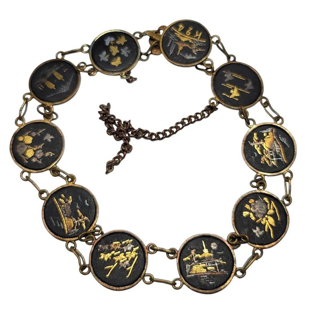 Antique Japanese Shakudo Damascene Bracelet Mixed Metal Inlaid Gold K24 ...
