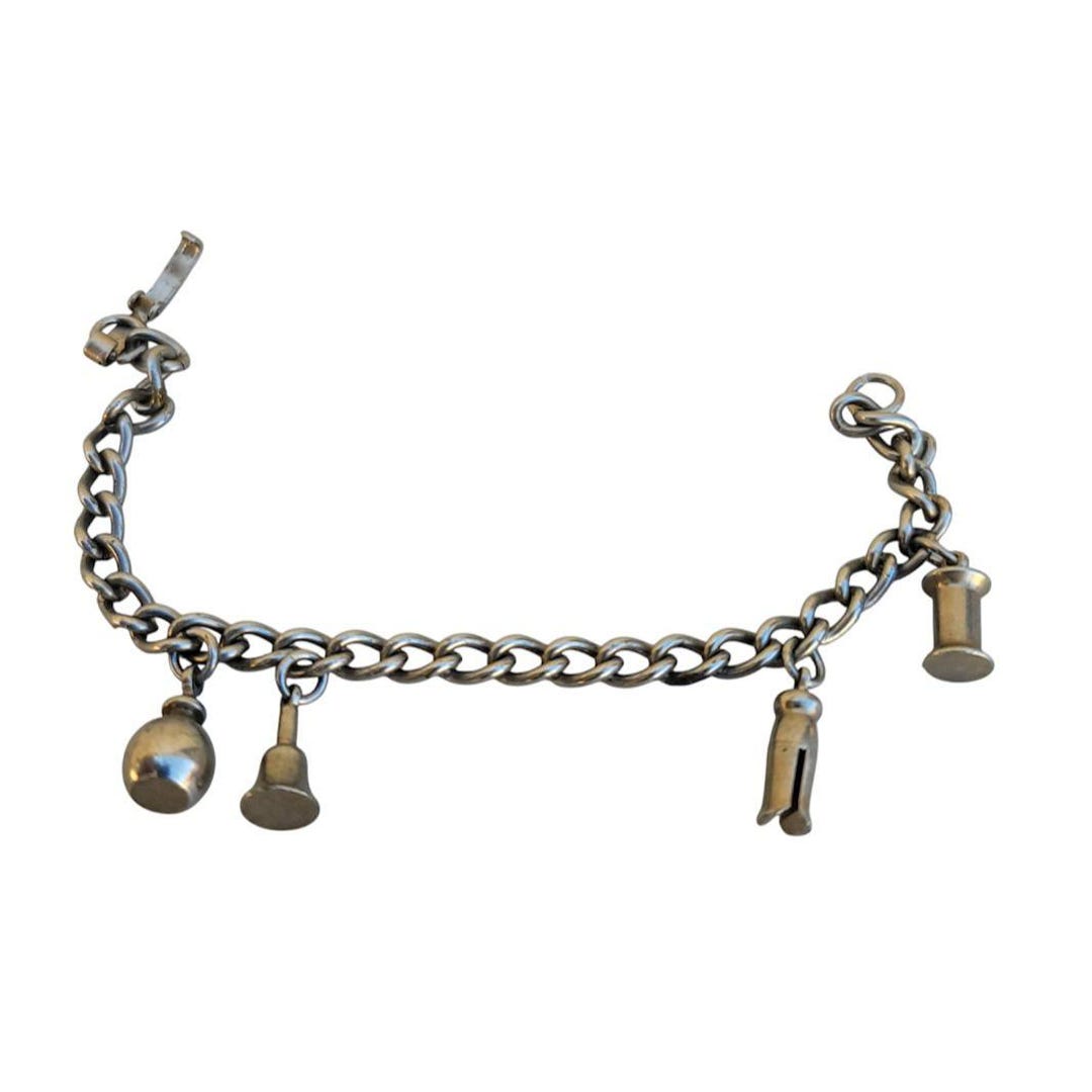 Vintage Charm Bracelet Ball Bell Wood Clothes Pin Thread Spool Silver ...