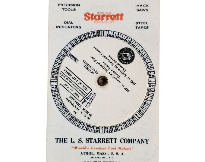 1936 Starrett Tools Screw Threads & Tap Drill Sizes Dial Chart ...