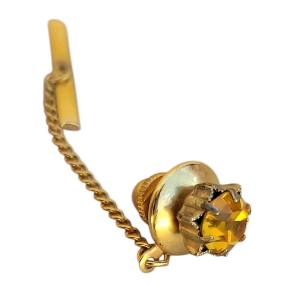 Vintage Mid Century Modern Gold Tone Button Tie Tack W/chain Amber ...