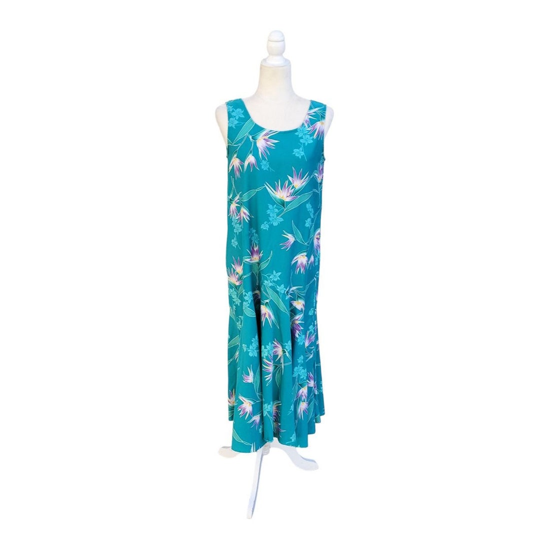 Vintage Made in Hawaii Mumu Dress Aqua Birds Paradise Floral Luau ...