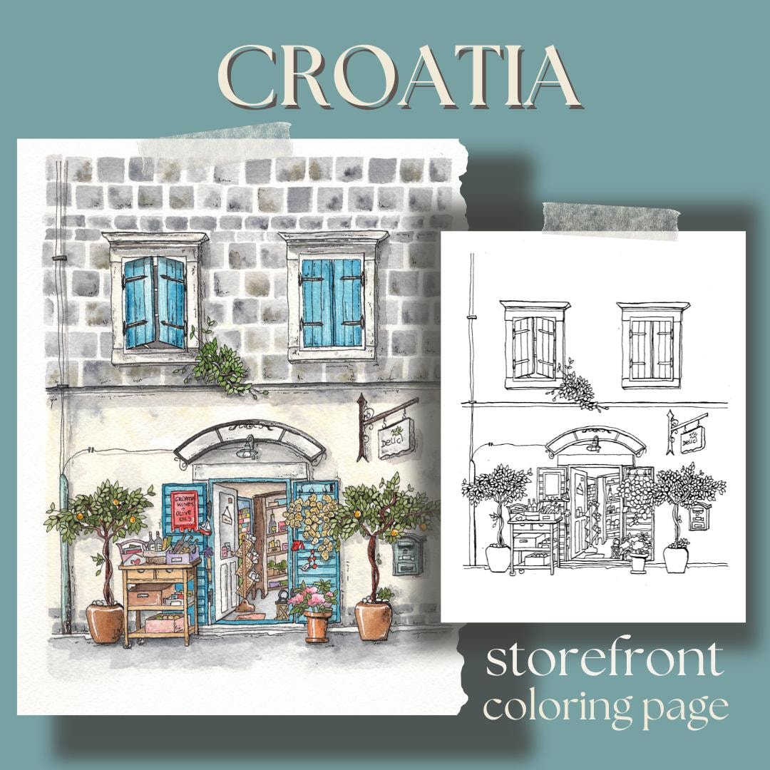 Croatia Storefront Coloring Page, Original Olga Pen Drawings ...