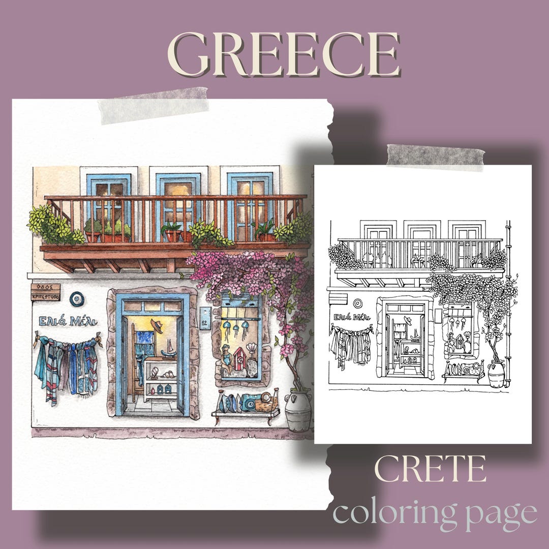 Greece Coloring Page - Traditional Greek Storefront, Relaxing for ...