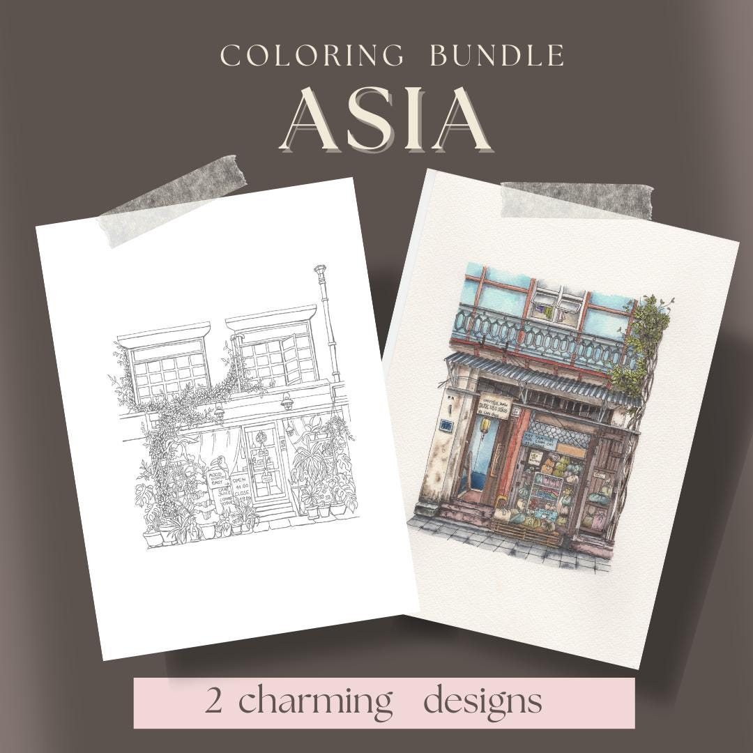 Asia Coloring Bundle, Urban Sketching Magic, Set of 2 Instant Download ...