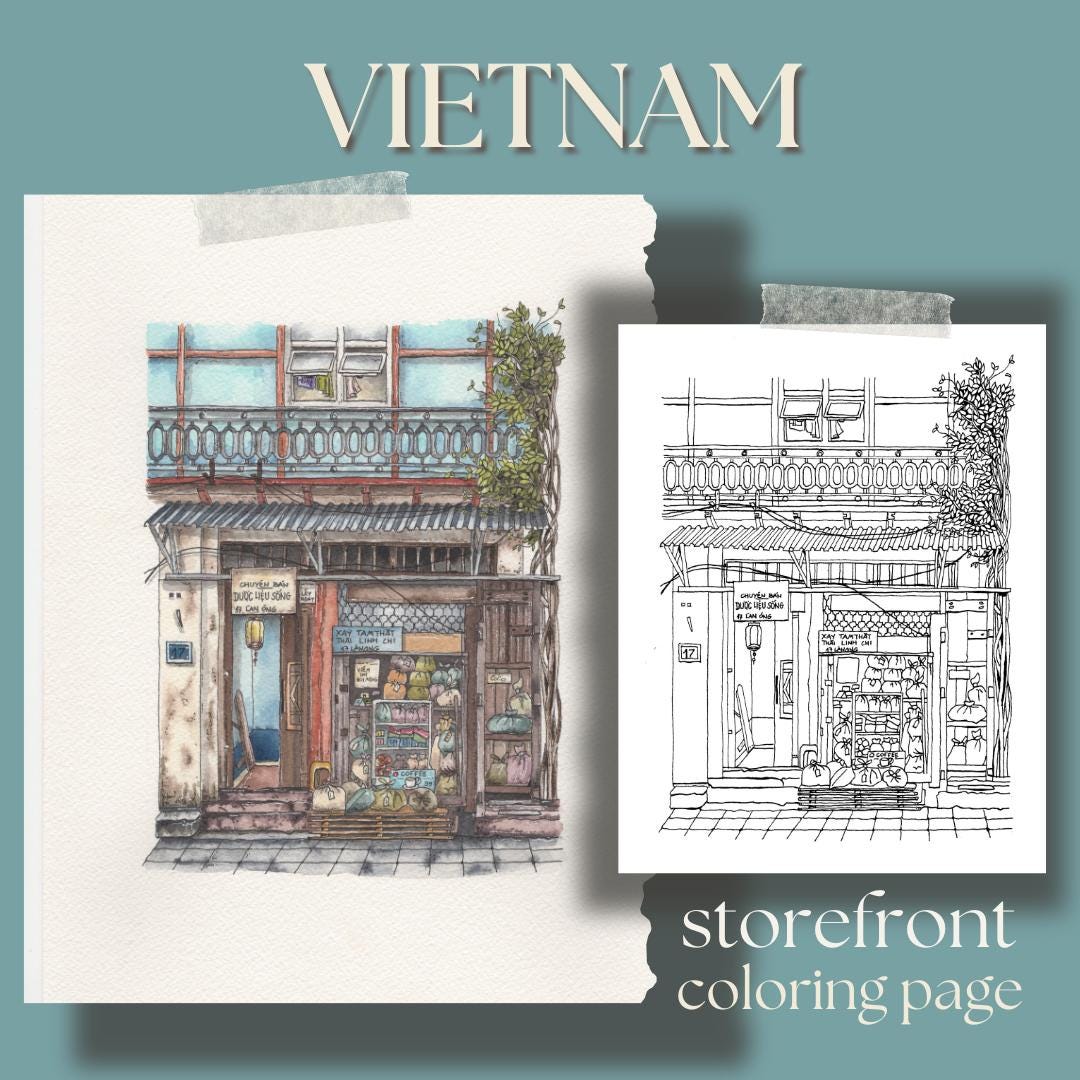 Vietnam Storefront Coloring Page, Original Olga Pen Drawings, Digital ...