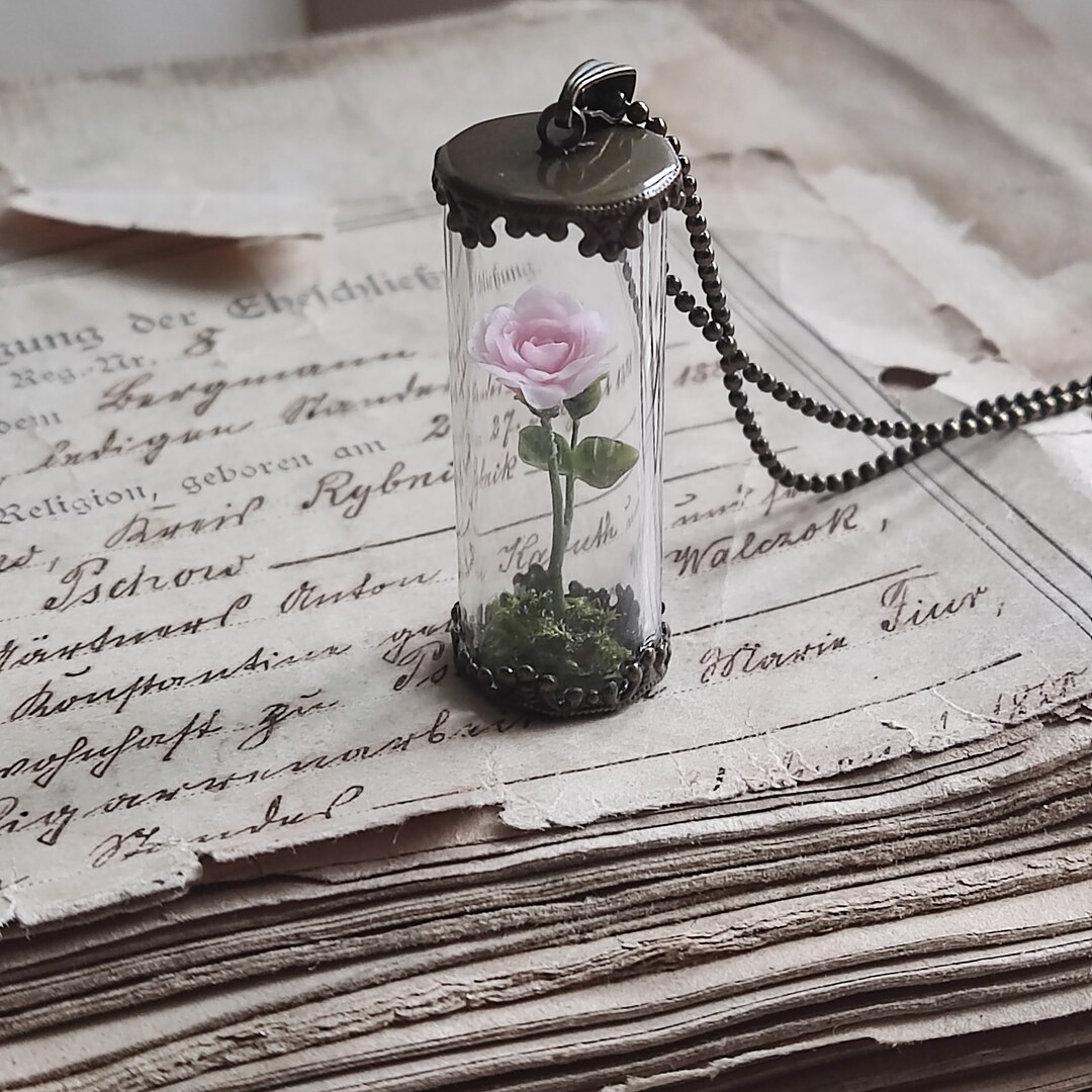 Handmade Rose in Glass Dome, Unique Necklace With Tiny Pink Flower ...