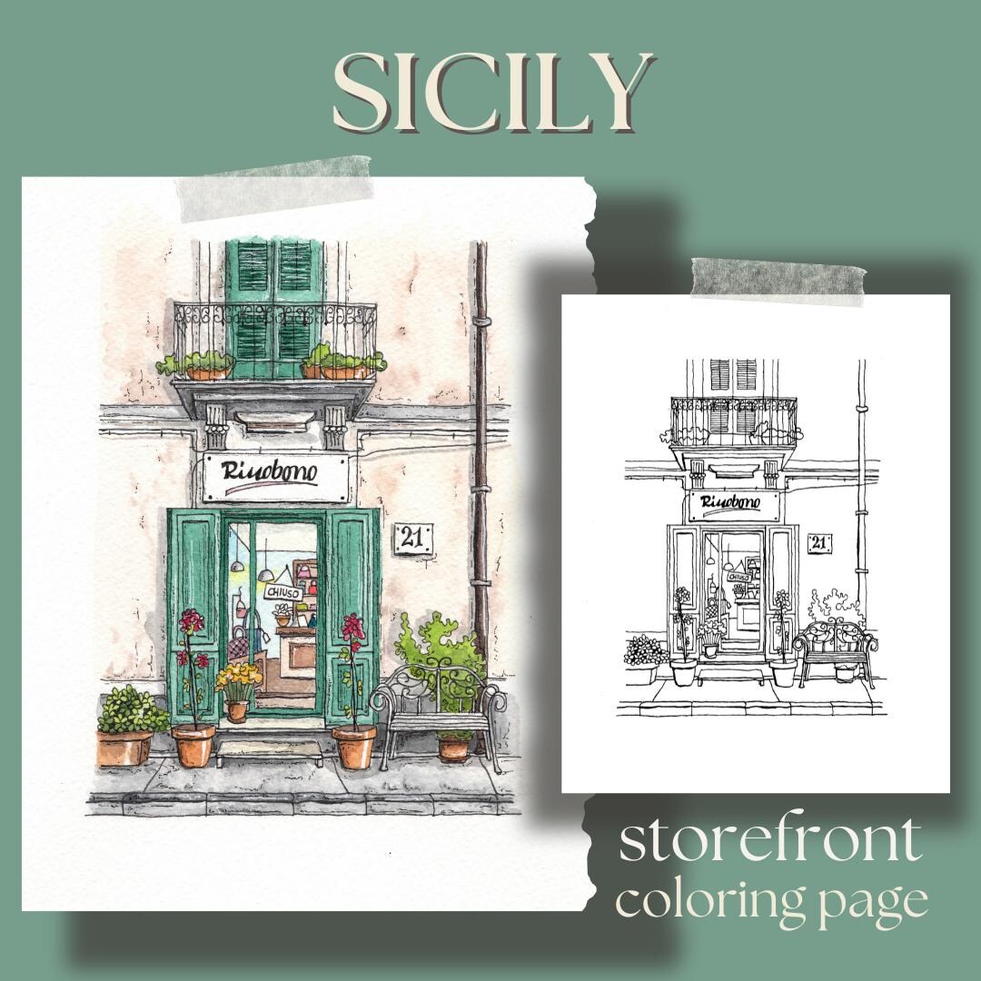 Sicily Storefront Coloring Page, Coloring Page Based on a Watercolor ...