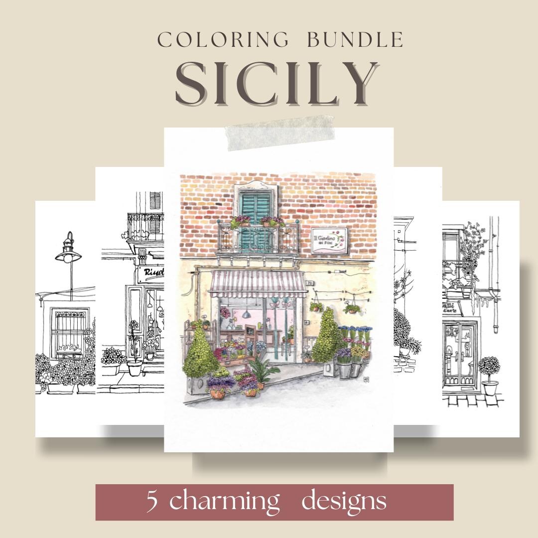 Unique Urban Sketching Bundle Sicily - Original Pen Olga Drawings for ...