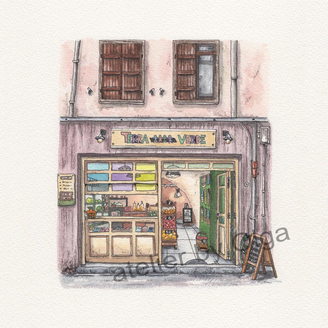 Greece Vege Storefront Painting, Original Watercolor Illustration ...