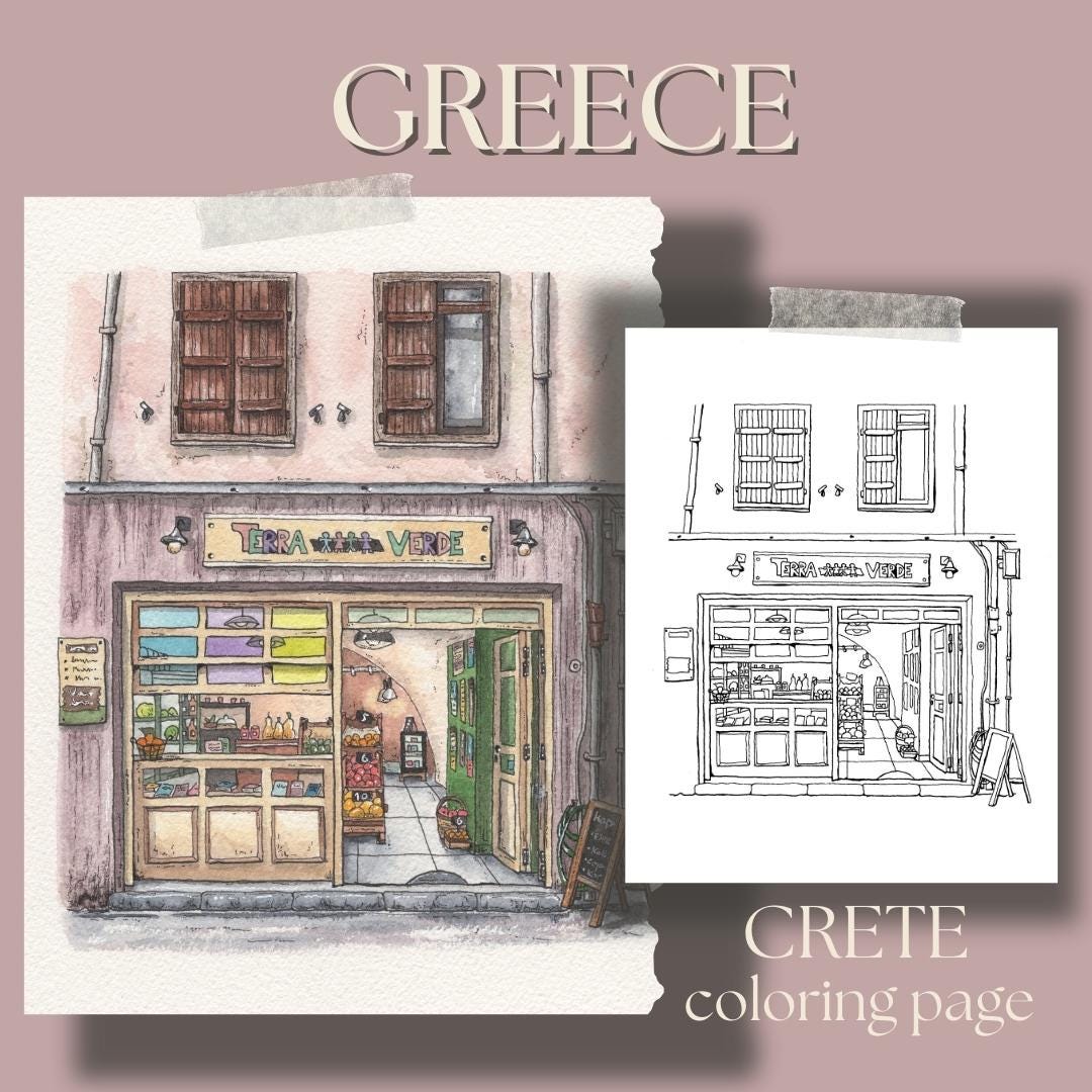 Charming Greece Storefront Printable Coloring Page, Crete Urban ...