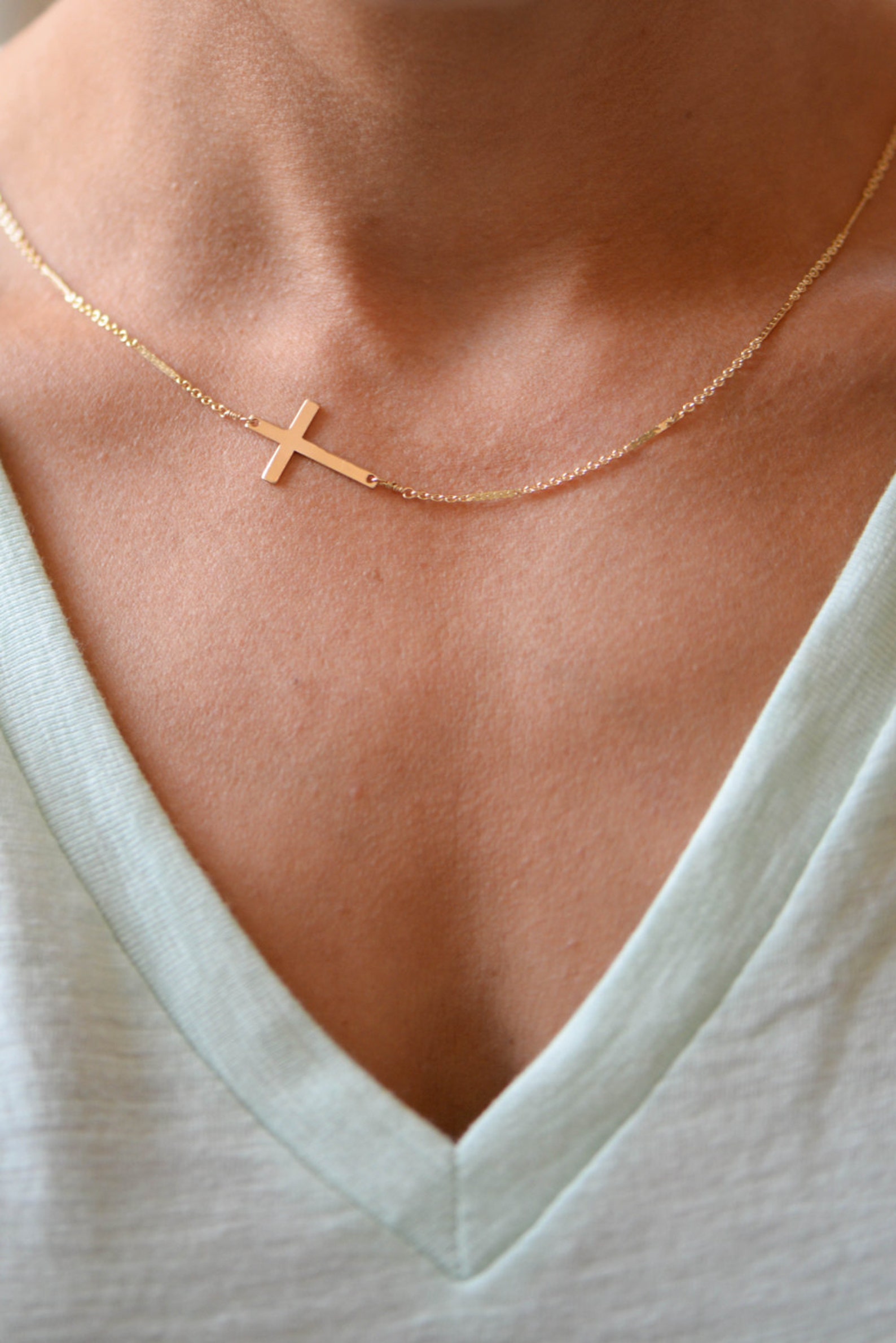 Petite Horizontal Gold Cross on Shimmer Chain // Gold Cross Necklace ...