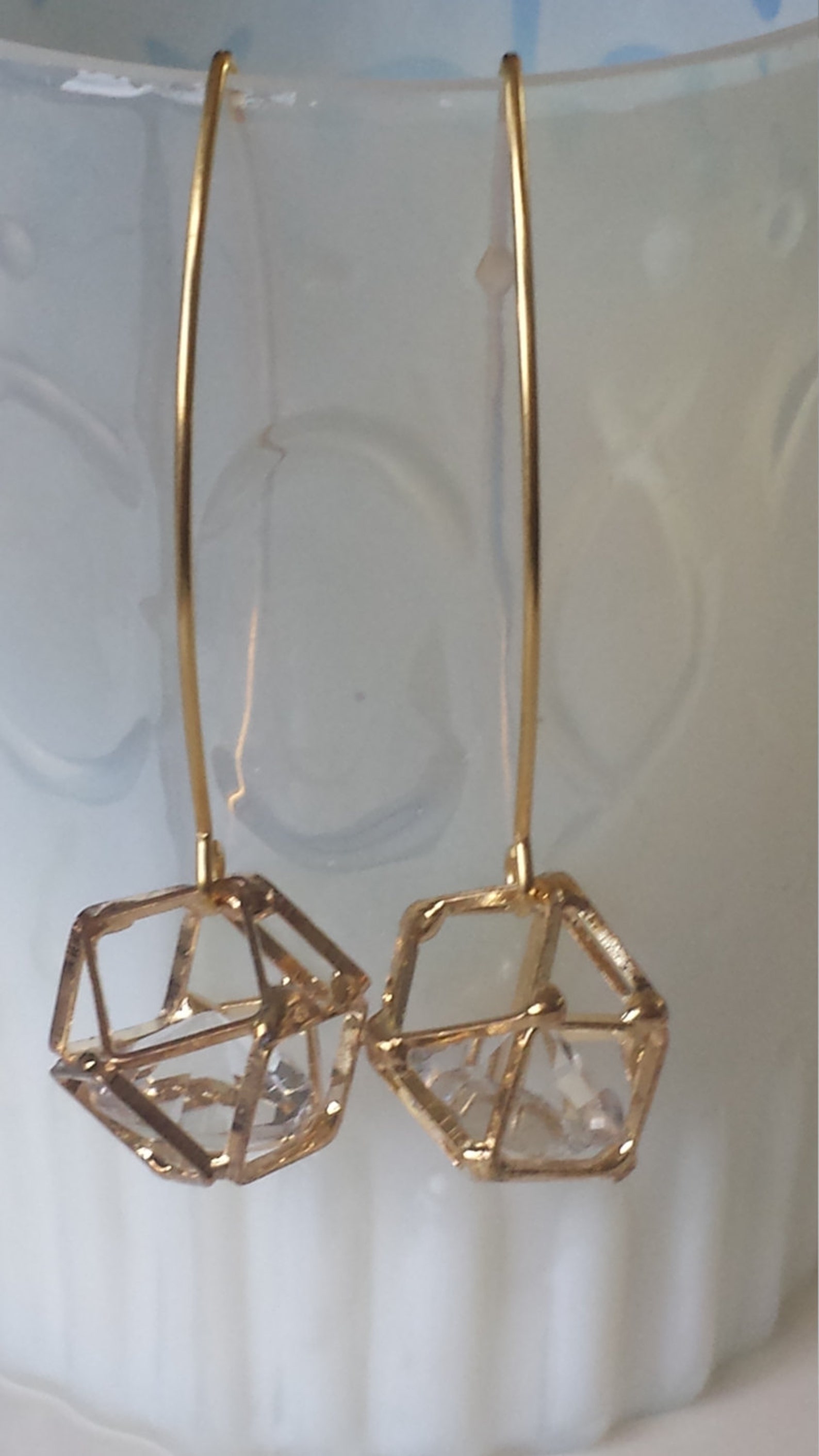 Geometric Caged Prism Drop Earring // Gold Dangle Earring // Gold Drop ...