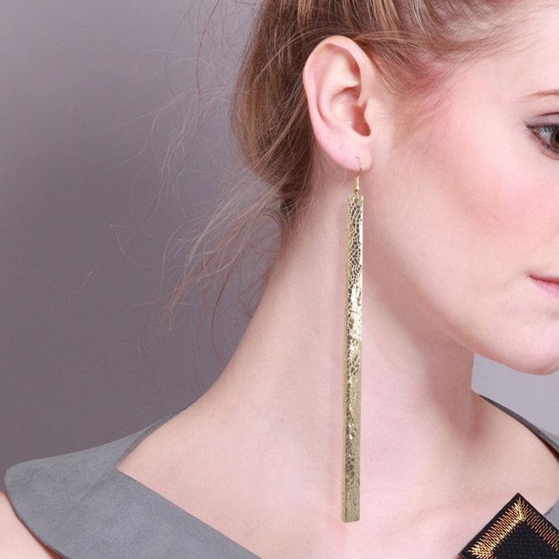 Simple Extra Long Gold Bar Earrings Genuine Metallic Foil Leather - Etsy