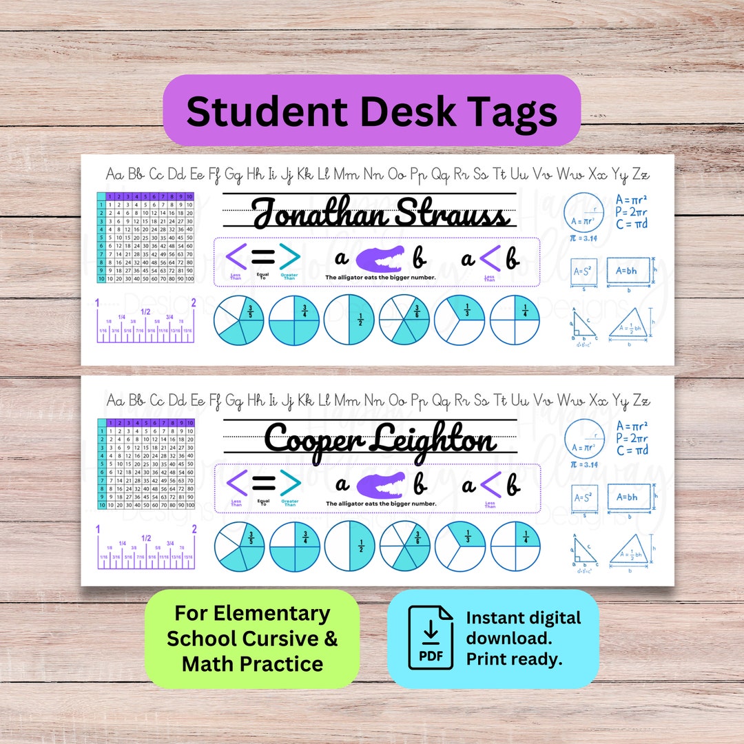 Colorful Student Desk Name Tags - Cursive Alphabet, Math Formulas ...