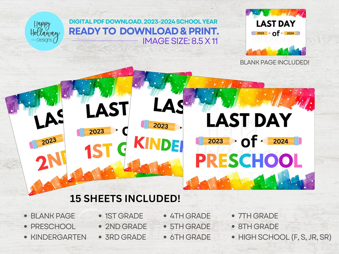 2024 Last Day of School Sign Printable Photo Prop for Kids, End of ...