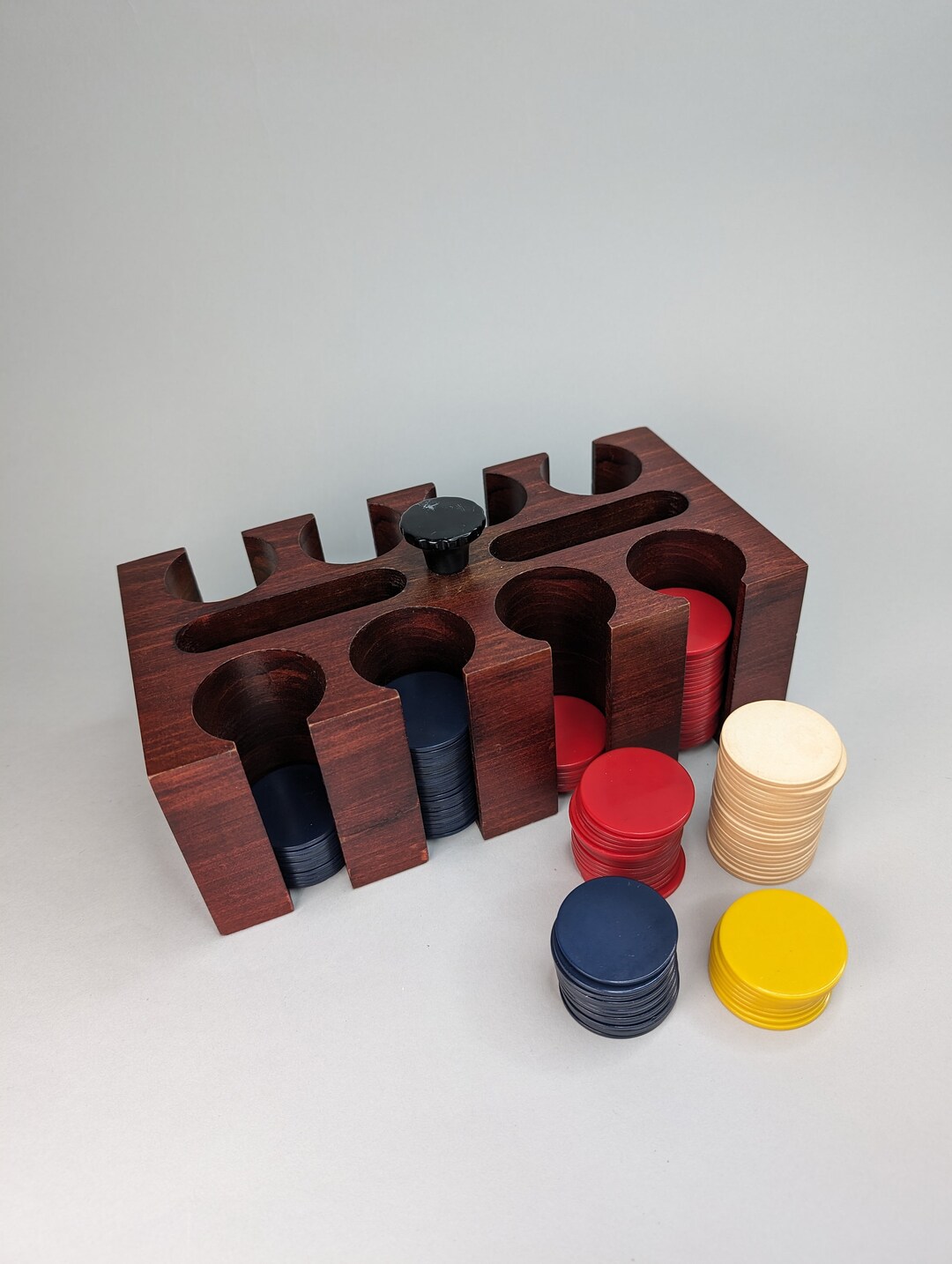Vintage Poker Chips and Wooden Holder With Handle and Cardboard Topper ...